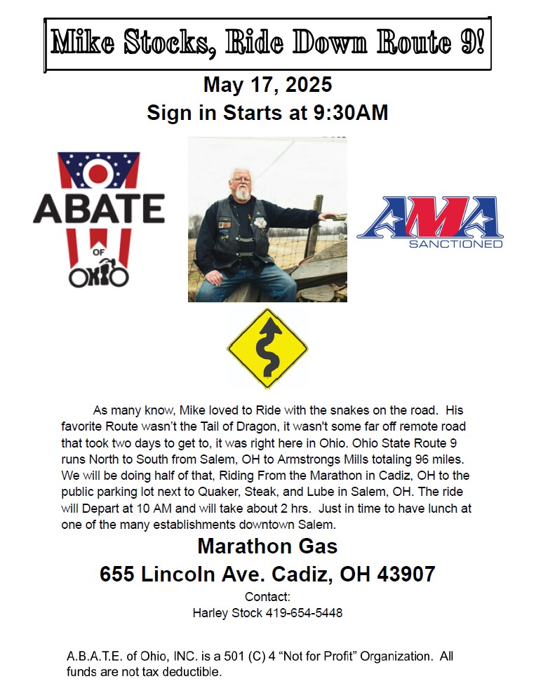 Mike Stock - Ride Down Route 9 !!!!! - ABATE of Ohio Inc.
